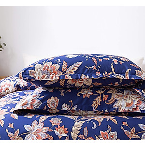 Eikei Home Luxury Jacobean Floral Garden 3 Piece Duvet Cover Set Beige Blue English Vintage Floral Pattern 100-percent Cotton (Queen)
