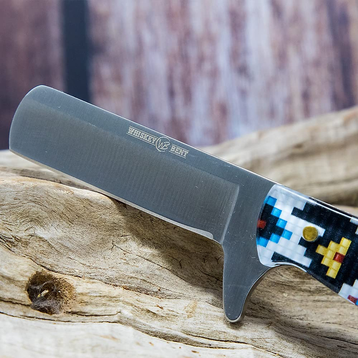 WHISKEY BENT HAT CO. Bullcutter Fixed Blade Knife 440C Stainless Steel 2.5" Blade w/Leather Sheath (Sky Bead)