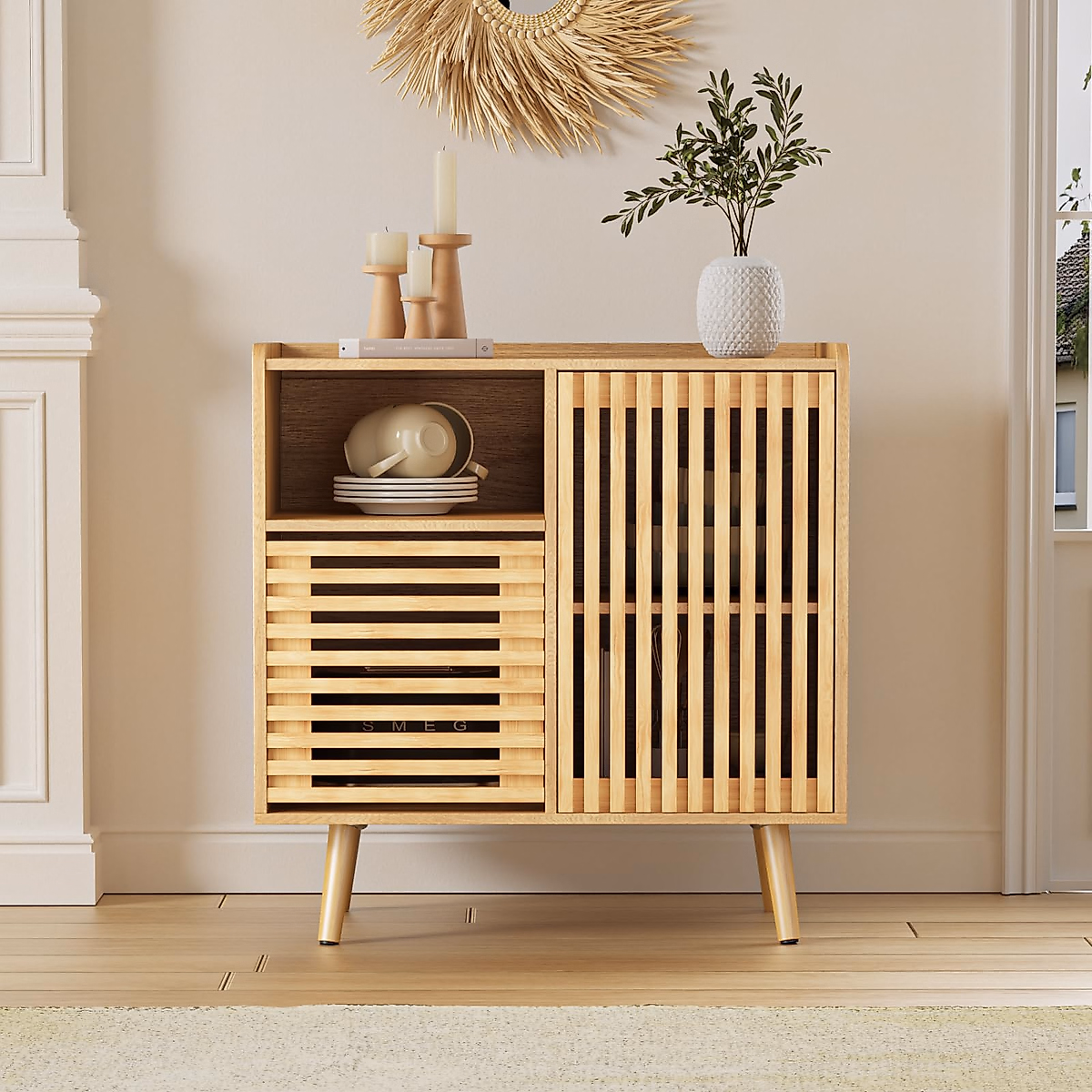 FiveWillowise Storage Cabinet, 31.5" Buffet Cabinet with Storage, Sideboard Coffee Bar Cabinet with Silding Door for Living/Dining Room, Kitchen, Hallway, Natural