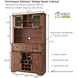 OKD Farmhouse Bar Cabinet with Sliding Barn Door, 72" Rustic Buffet with Hutch with Wine and Glasses Rack, 3 Drawers, Storage Shelves, Sideboard Cupboard for Kitchen, Dining Room, Reclaimed Barnwood