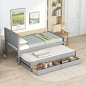 Twin Size Platform Bed with Trundle and 2 Storage Drawers, Wooden Twin Daybed with Slat Support, Modern Twin Trundle Bed Frame for Bedroom, Guest Room, Living Room (Twin, Gray)