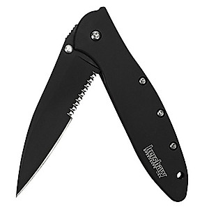 Kershaw Leek Black Serrated EDC Pocketknife, 3" Sandvik 14C28N Steel Blade, Assisted Opening Folding Knife