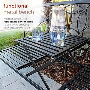 Alpine Corporation Alpine Metal Garden Outdoor Bench with Retractable Table VTFAM114, Black