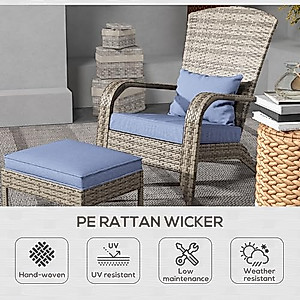 Outsunny Patio Wicker Adirondack Chair with Ottoman, Outdoor Fire Pit Chair with Cushions, High-Back, Large Seat & Armrests for Deck, Garden & Backyard, Gray