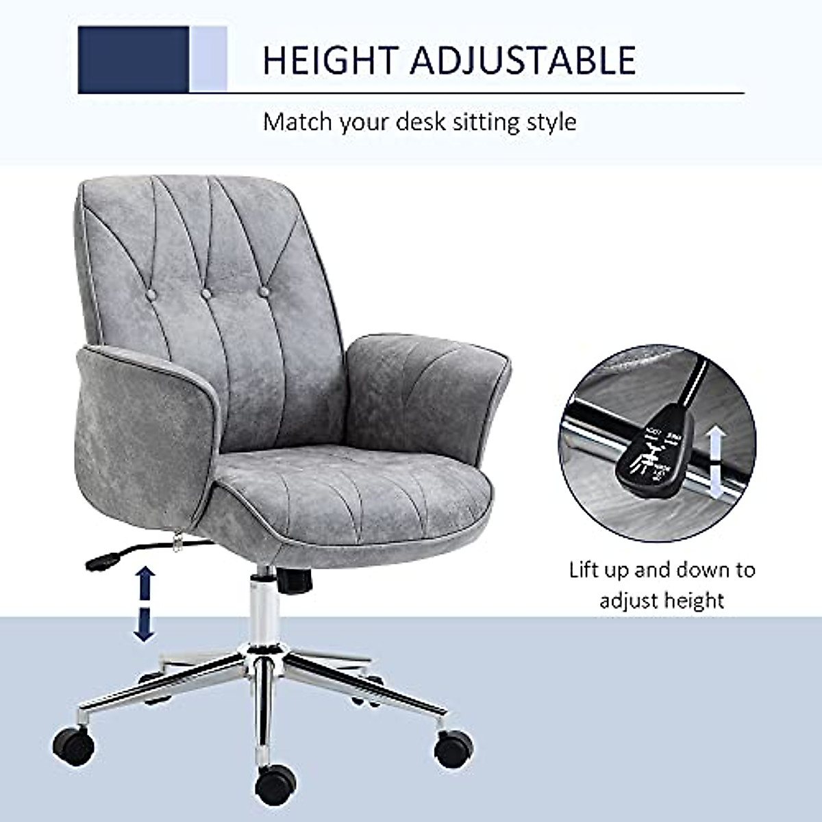 Vinsetto Micro Fiber Home Office Chair with Adjustable Height, Rock Function, and Curved Padded Armrests, Light Grey