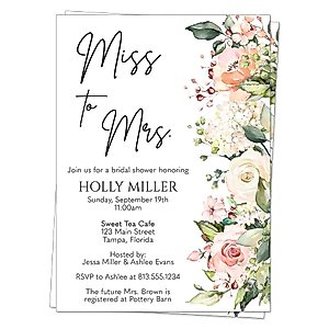 Bridal Shower Invitation Wedding Shower Invite Miss to Mrs Bachelorette Party Last Fling Before the Ring Floral Flowers Printed Cards Customized Personalized Cards (12 Count)