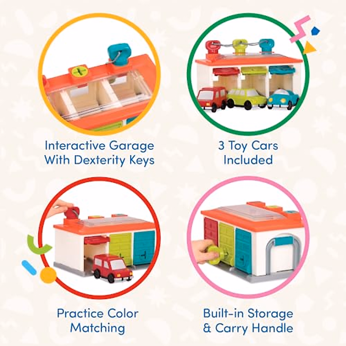 Battat – Car & Color Sorting Playset – Cause-And-Effect Toy – Push & Go Cars – Color-Coded Matching – 2 Years + – 3-Car Garage