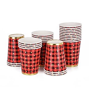 Gatherfun Christmas Cups, Red and Black Plaid Golden Christmas Tree Disposable Paper Cups for Christmas Party Supplies Decorations, 9 OZ 20 Pack