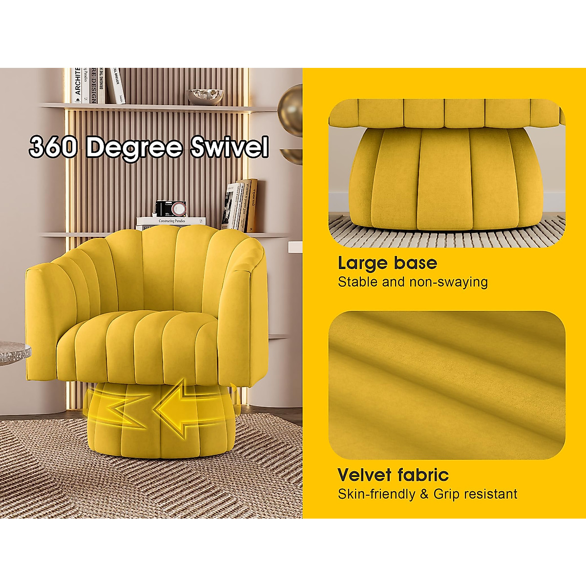 Accent Chair Mid Century 360 Degree Swivel Chair,Modern Lounge Sofa Round Barrel Chair with Wide Upholstered,Fluffy Velvet Fabric Chairs for Home Sofa Living Room/Bedroom/Waiting Room(Yellow)