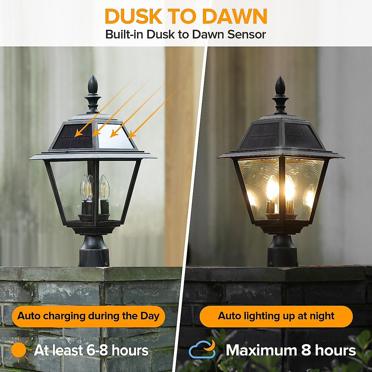 LUTEC Outdoor Solar Lamp Post Light, Dusk to Dawn 300LM Waterproof Pole Light Head with 4 Pcs Glass, Exterior Solar Powered Fence Post Light Fixtures for Garden, Patio, Yard(Brown)