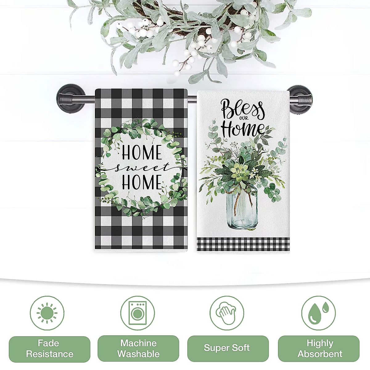 Seliem Summer Eucalyptus Greenery Kitchen Dish Towel Set of 2, Buffalo Plaid Check Absorbent Hand Drying Baking Cooking Cloth, Spring Seasonal Farmhouse Decor Bless Our Sweet Home Decorations 18 x 26