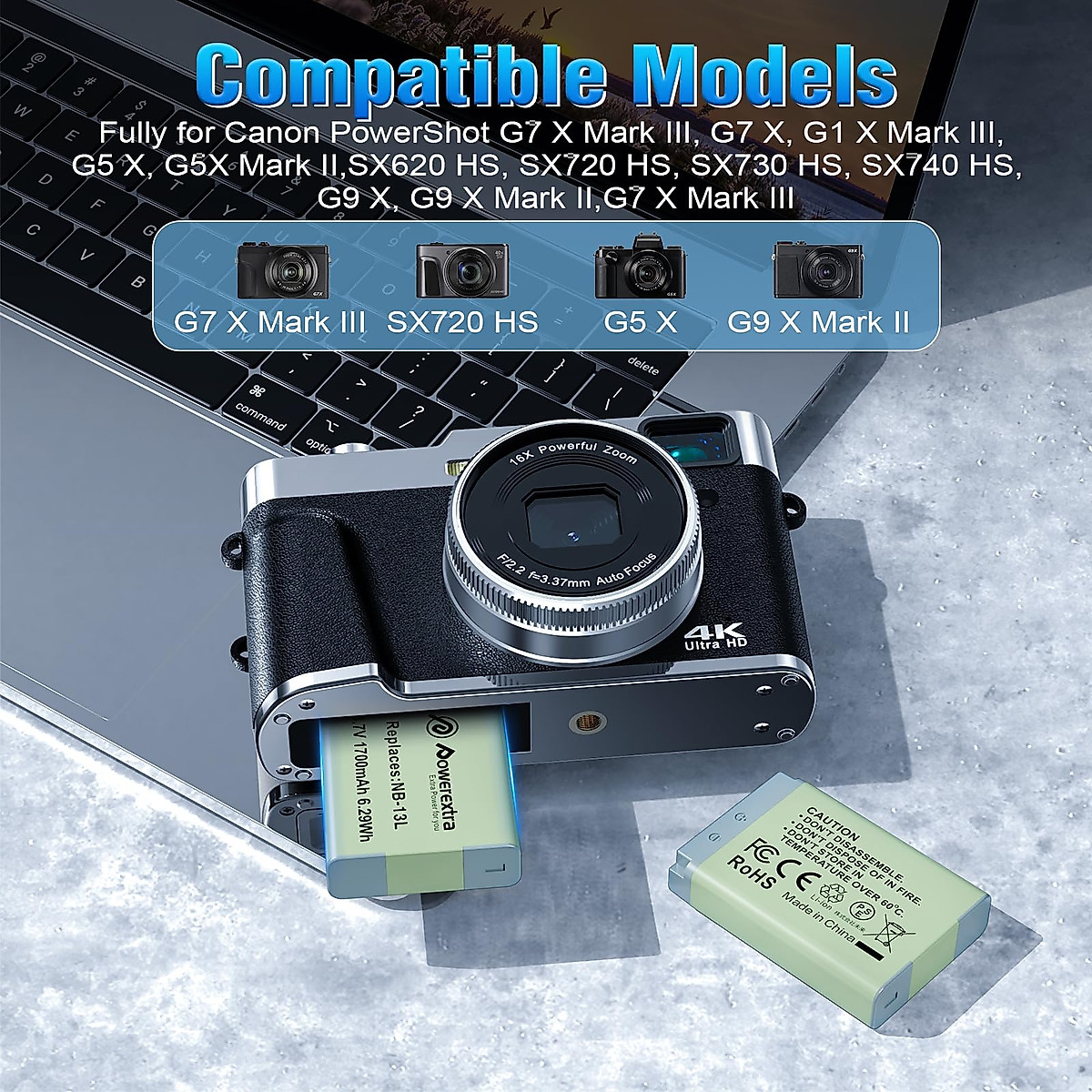 Powerextra NB-13L Battery 2 Pack Replacement NB-13L for Canon, Battery and Charger for PowerShot G5 X G7 X G7 X Mark II G9 X G9 X Mark II SX620 HS SX720 HS SX730 HS