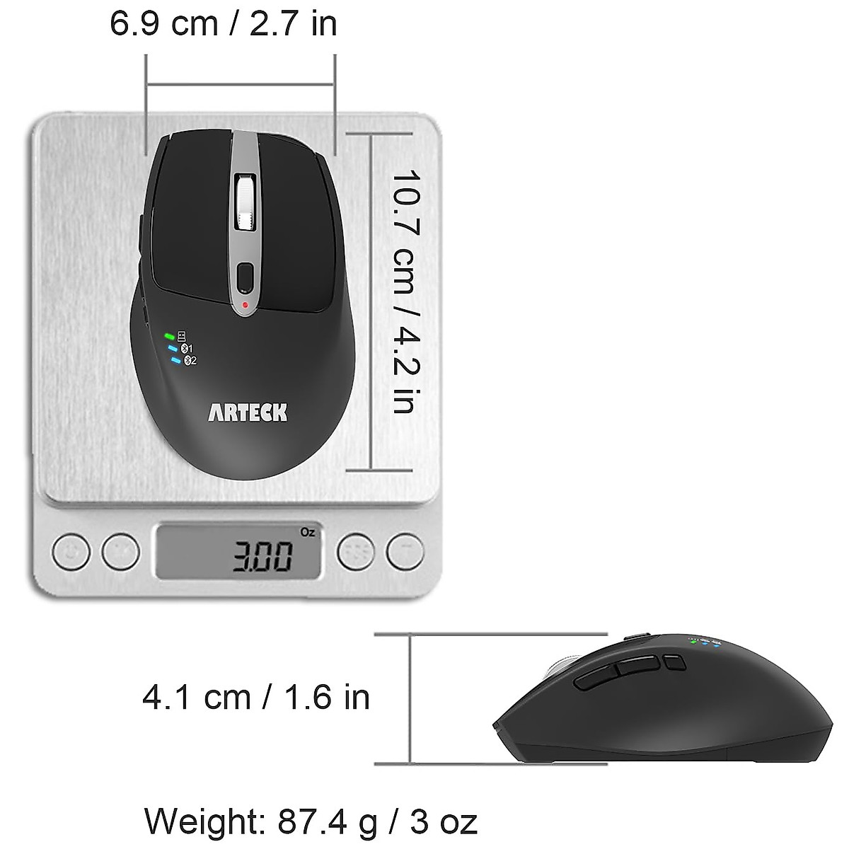 Arteck Wireless Bluetooth Mouse with Nano USB Receiver, Black, 4-Month Battery Life, Ergonomic Design