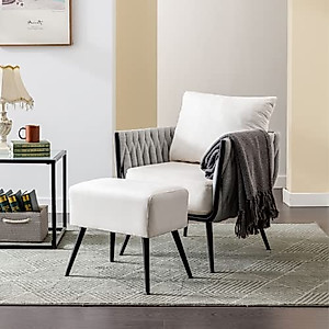 LukeAlon Velvet Accent Chair with Ottoman Set, Linen Weaved Back Living Room Chair with Metal Legs Upholstered Reading Chair with Armrest for Study Room Reception Room, Grey & Beige