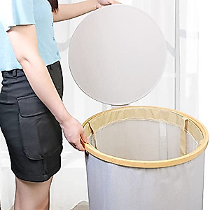 105L Laundry Hamper with Wheels, Collapsible Round Laundry Basket with Lid, Easy Transportation Laundry Organizer with Bamboo Handle for Storage