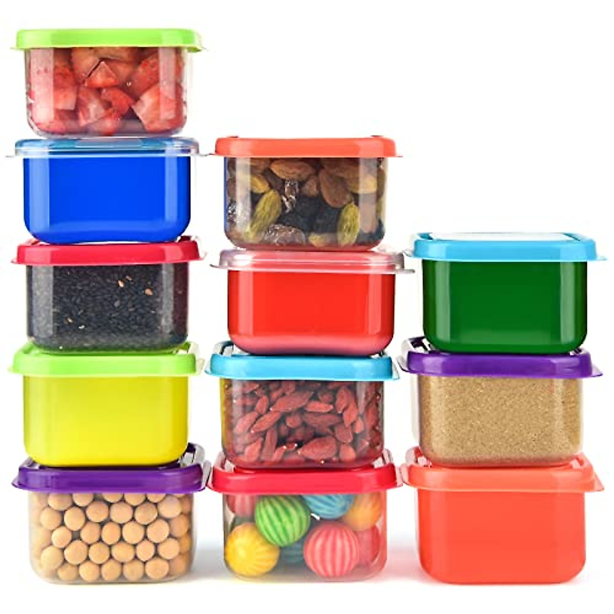 12 Pack Salad Dressing Container To Go Small Reusable Plastic Freezer Food Storage Container Jars with Lids 3.38 oz/100 ml Colorful Salad Dressing Container Mini Meal Prep Sauce Cups Freezer & Dishwasher Safe(3.38, Square, 12, PFC002)