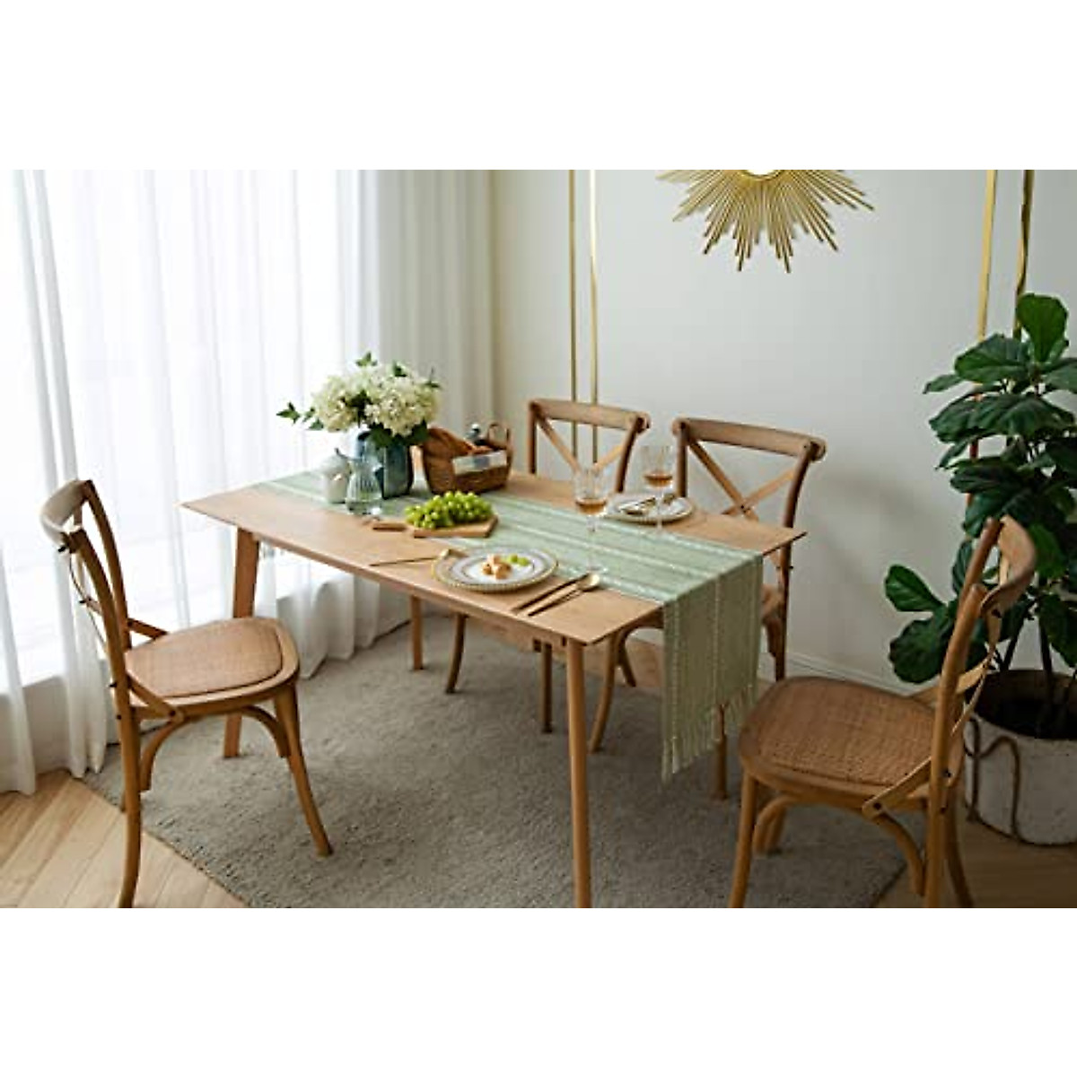 ZeeMart Farmhouse Table Runner, Rustic Table Runners 72 Inches Long, Linen Boho Table Runner, Braided Striped Green Table Runner for Dining Party Holiday, 15x72 Inches, Hollow Grass Green