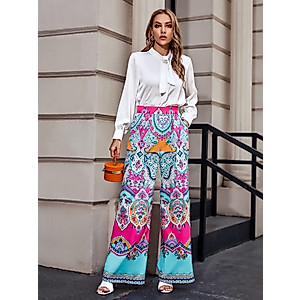 WDIRARA Women's Tropical Print High Elastic Waisted Wide Leg Loose Pants Trousers Multicolor Paisley M