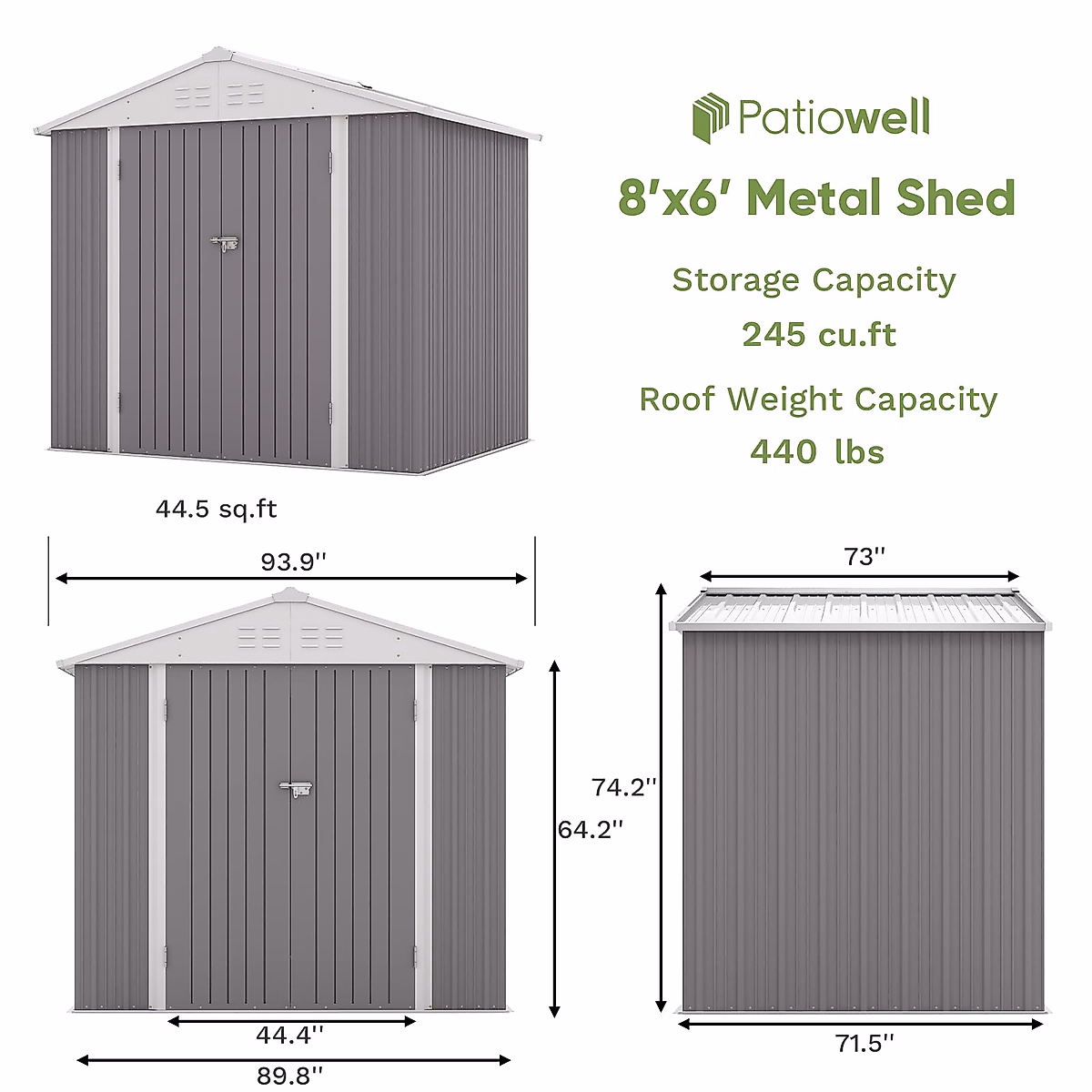 Patiowell 8x6 FT Outdoor Storage Shed, Metal Tool shed & Outdoor Storage with Lockable Doors & Air Vents, for Backyard Garden Patio, Gray
