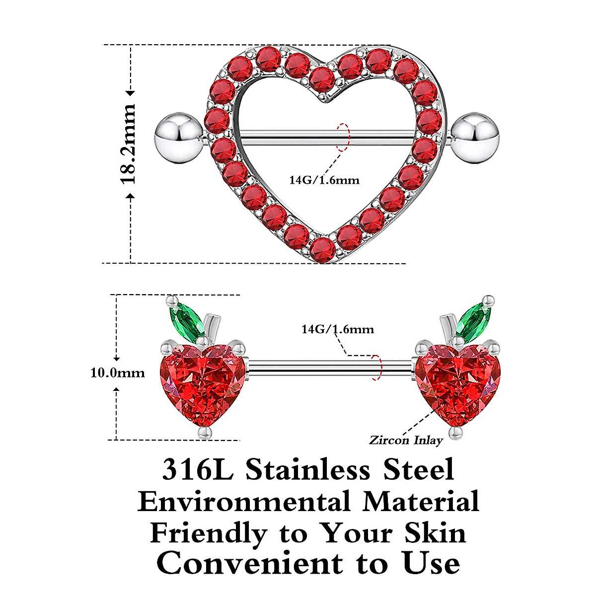 FLOGWE 2Pairs 14G Heart Nipple Ring 316L Surgical Steel Nipple barbells Heart CZ Nipple barbell Ring Body Piercing Jewelry for Women…