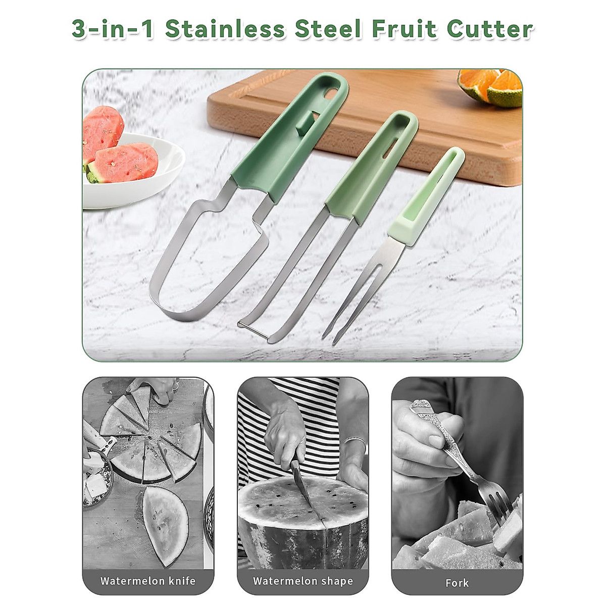 Stainless Steel 3-in-1 Watermelon Cutter Slicer Tool Portable Watermelon Popsicle Cutter Multifunctional Handheld Fruit Fork Quickly Cutting Tool Slicer Set for Home Camping Kitchen Gadgets（1PCS）