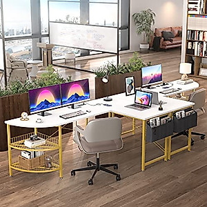 Unikito L Shaped Desk with Power Outlet, 98.4" Reversible Corner Computer Table with Storage Shelves and Bag, Modern 2 Person Large Long Desk for Home Office Writing Study Workstation, White