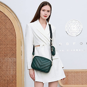 Herald Chevron Quilted Small Crossbody Bag with Coin Purse Pouch Women Square Snapshot Camera Side Shoulder 2 Size Handbag (Green)