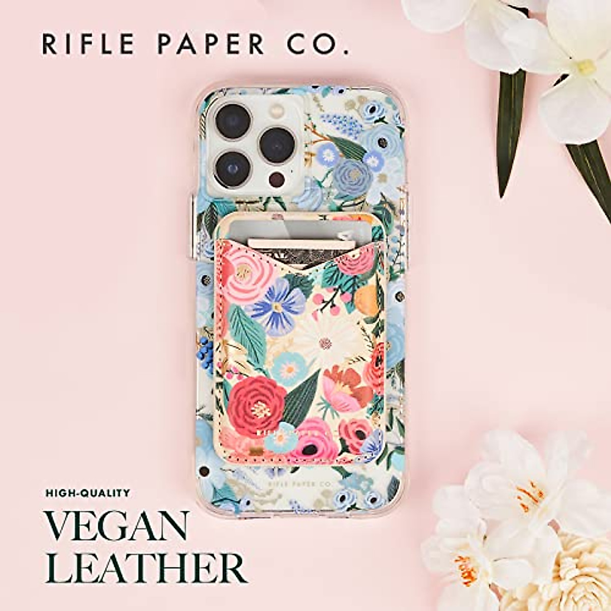 Rifle Paper Co. Magnetic Card Holder - Smooth Vegan Leather MagSafe Wallet [Holds up to 3 Cards] - Slim Detachable iPhone Wallet for iPhone 14 Pro Max/ 13 Pro Max/ 12 Pro Max - Garden Party Blush