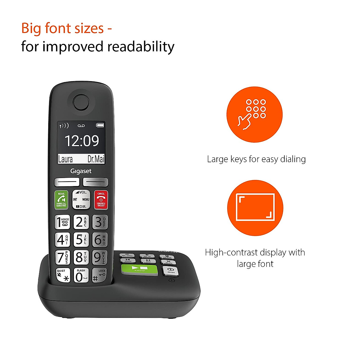 Gigaset E295A Duo – Two Big Button Phones Cordless – Made in Germany – Big 2” Display – Extra Large Keys and Easy Usability – Call-Blocker – Phonebook with 100 Contacts, Black