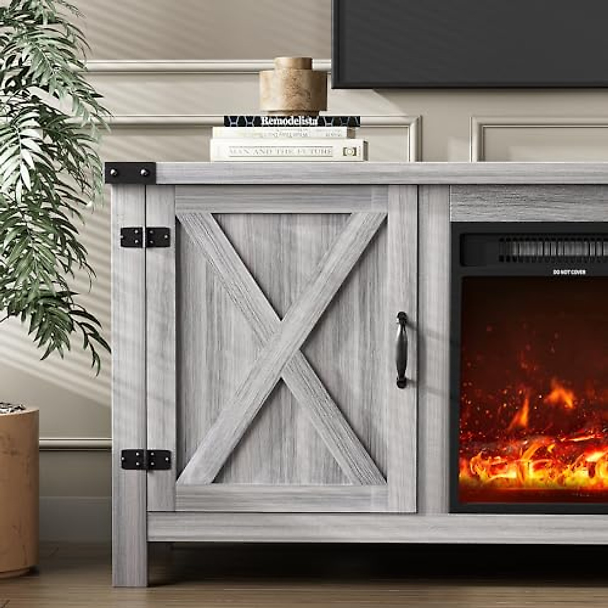 YESHOMY Fireplace TV Stand with Two Barn Doors and Storage Cabinets for Televisions up to 65+ Inch, Entertainment Center Console Table, Media Furniture for Living Room, 58 Inch, Gray Wash