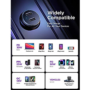 USB C Car Charger Fast Charging, 60W PD (30W+30W) Super Fast Car Charger, iPhone Car Charger Samsung Car Charger with 3.3ft C to C/L Cable for iPhone 14 13 12 iPad Samsung Galaxy S23/22 Google Pixel