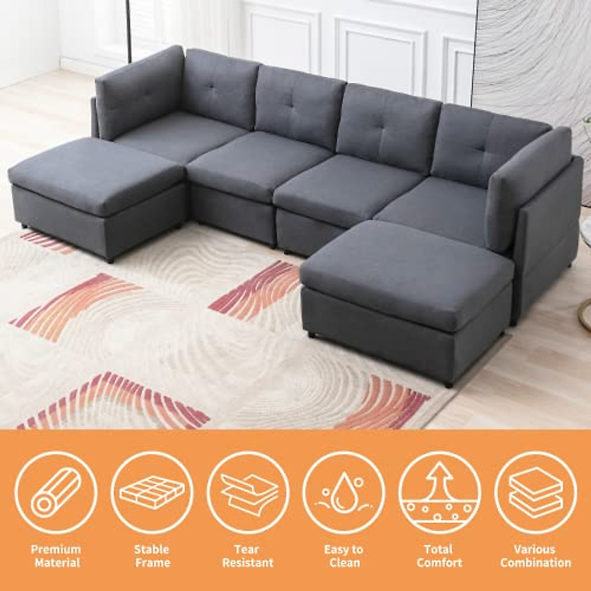 linor Modern U Shaped Convertible Sofa Couch, 118'' Modular Sectional Sofa with Tufted Back Cushion, 6 Seat Oversized Sectionals Sofa Couch with Ottomans for Living Room (Linen,Gray)