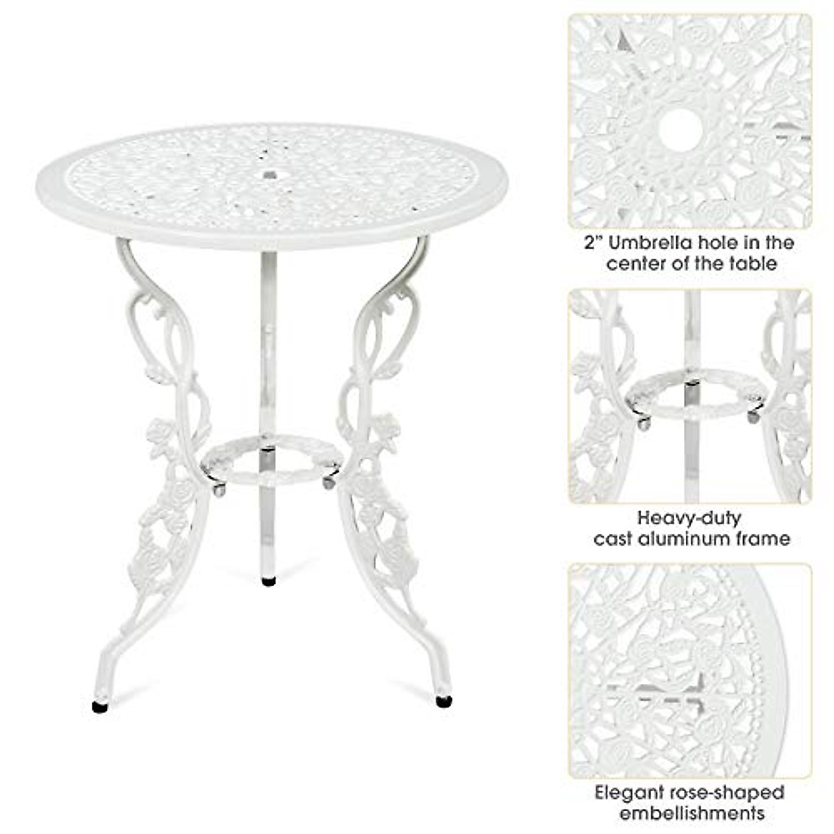 Giantex 3 Piece Bistro Set Cast Tulip Design Antique Outdoor Patio Furniture Weather Resistant Garden Round Table and Chairs w/Umbrella Hole