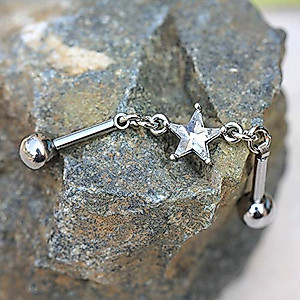 Pierced Owl 14GA 316L Stainless Steel CZ Crystal Star Connecting Chain Industrial Barbell