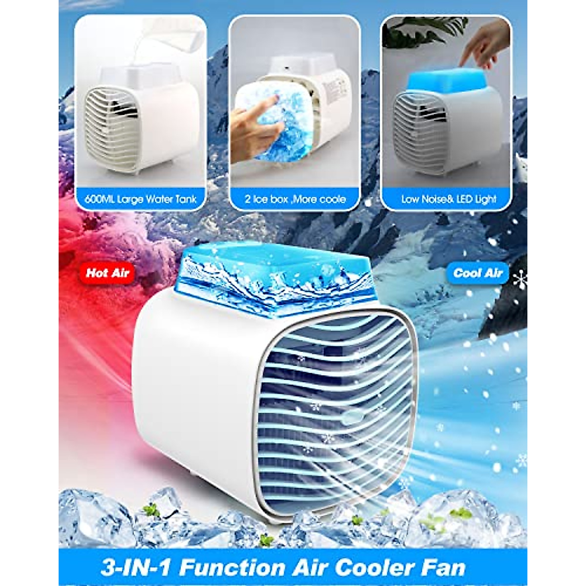 Portable Air Conditioner, Futtest Personal Evaporative Cooler Air Conditioner Fan with 600ml Water Tank Cordless&Rechargeable Desk Cooling Fan LED Light for Room and Office
