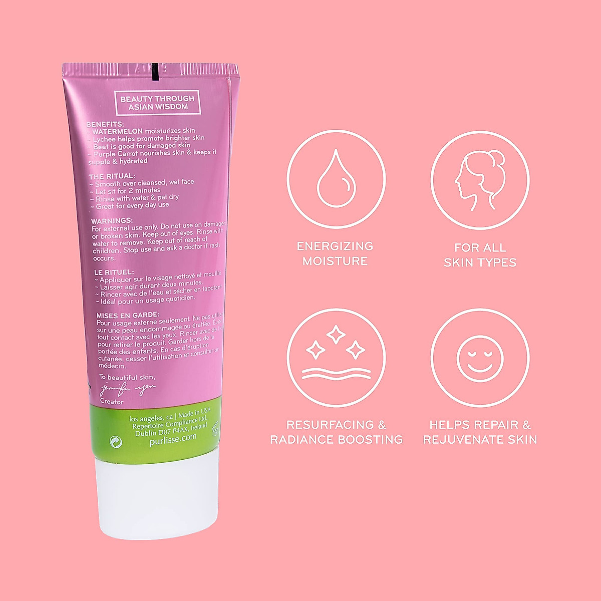 purlisse Watermelon Energizing 2 Minute Polishing Peel: Cruelty-free & clean, Paraben & Sulfate-free, Brightening & smoothing, Lychee protects against signs of ageing | 2.5oz