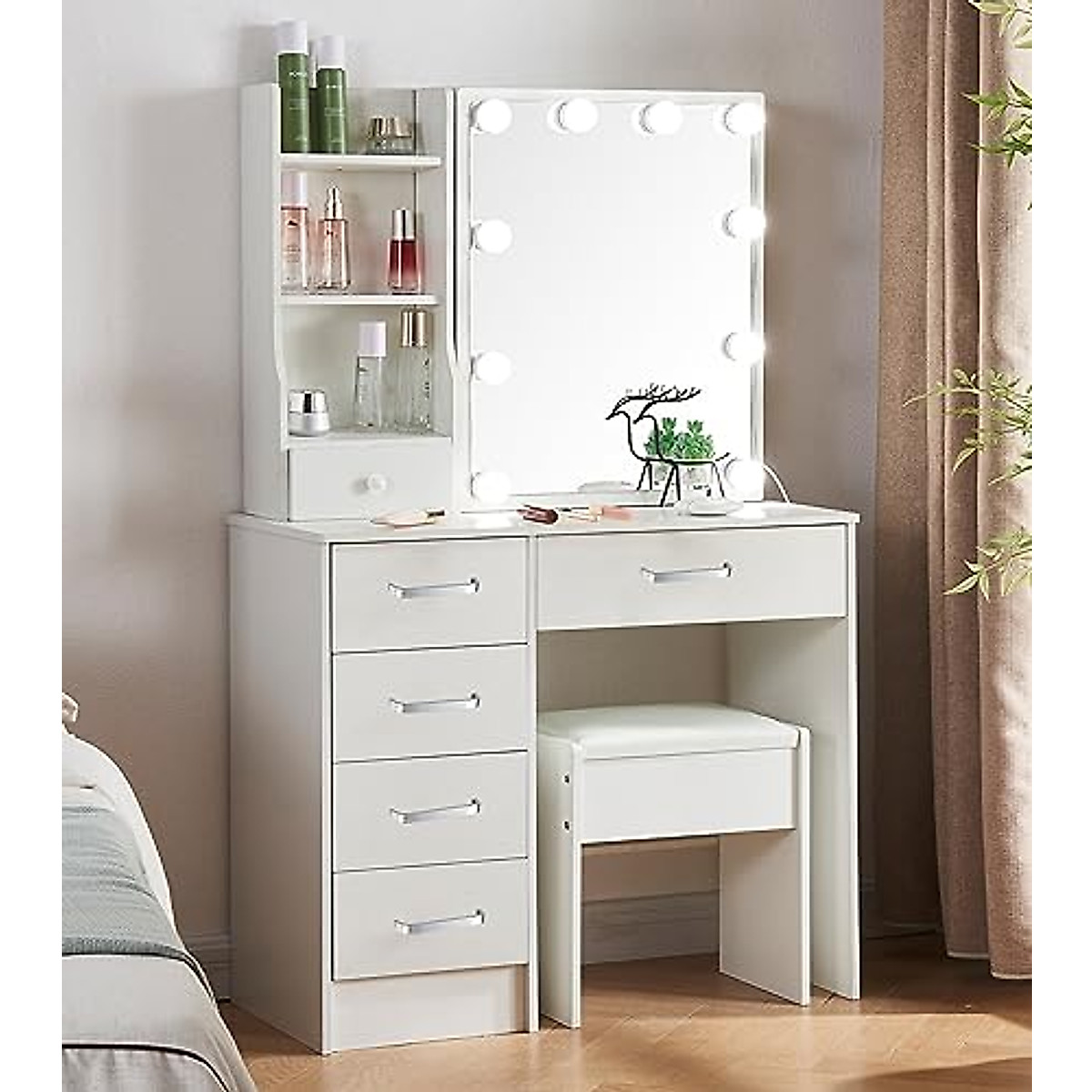 Makeup Vanity Set with Lights & Mirror, Large Vanity Table with Storage Drawers & Stool, Bedroom Dresser Desk Dressing Table for Girls Women (Modern)