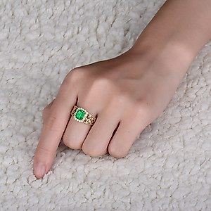 Lanmi 14K Yellow Gold Vintage Natural Green Emerald Rings Diamonds Band Engagement Wedding for Women Promotion