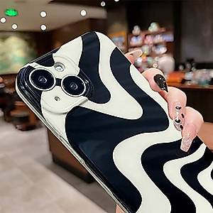 MZELQ for iPhone 13 Case, Cute Pattern Wave IMD Soft Phone Case, Camera Protection Lens Black and White Shockproof Phone Case for Girls Women
