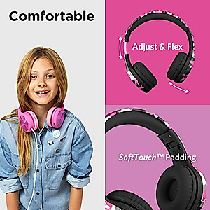 LilGadgets Connect+ Pro Girls Headphones for School - Designed with Kids' Comfort in Mind, Foldable Over-Ear Headset with in-line Microphone, Audiophile Headphone, Pink Camo