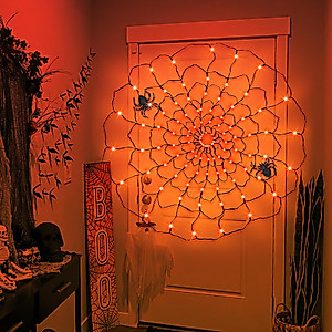 96 LED Halloween Spider Web Lights with Timer, 8 Modes Waterproof Light up Cobweb with Black Spider & DIY Cotton Net Battery Operated Halloween Decorations for Indoor Ourdoor Garden Yard Patio-Orange
