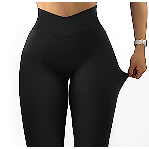 MOOSLOVER Women Crossover V Waist Butt Lifting Leggings High Waisted Yoga Pants(XL,Black-722)