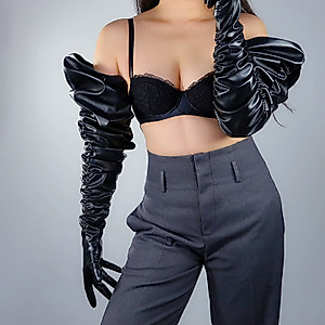 DooWay Fashion Super Long Leather Gloves Black Touchscreen Puff Ruched Sleeve Shoulder Length 40" Oversize Adult Unisex