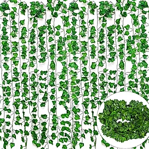 OHEMDI 12 Pack 84 feet Artificial Ivy Greenery Garland, Fake Vines Pants with Fake Leaves, Vines for Bedroom Wedding Home Kitchen Garden Party Room Decor (Green)