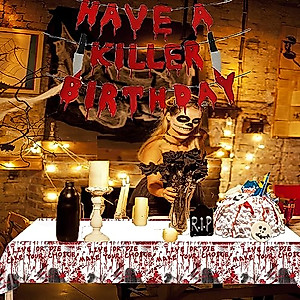 Cracoo Have a Killer Birthday Party Banner Disposable Tablecloth for Halloween Birthday Halloween Bloody Horror Movie (Red)