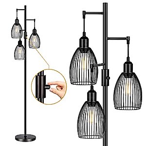 Dimmable Floor Lamp, 3 x 800LM LED Edison Bulbs Included, Farmhouse Industrial Floor Lamp Standing Tree Lamp with Elegant Teardrop Cage Heads Tall Lamps for Living Room Bedroom Office Dining Room