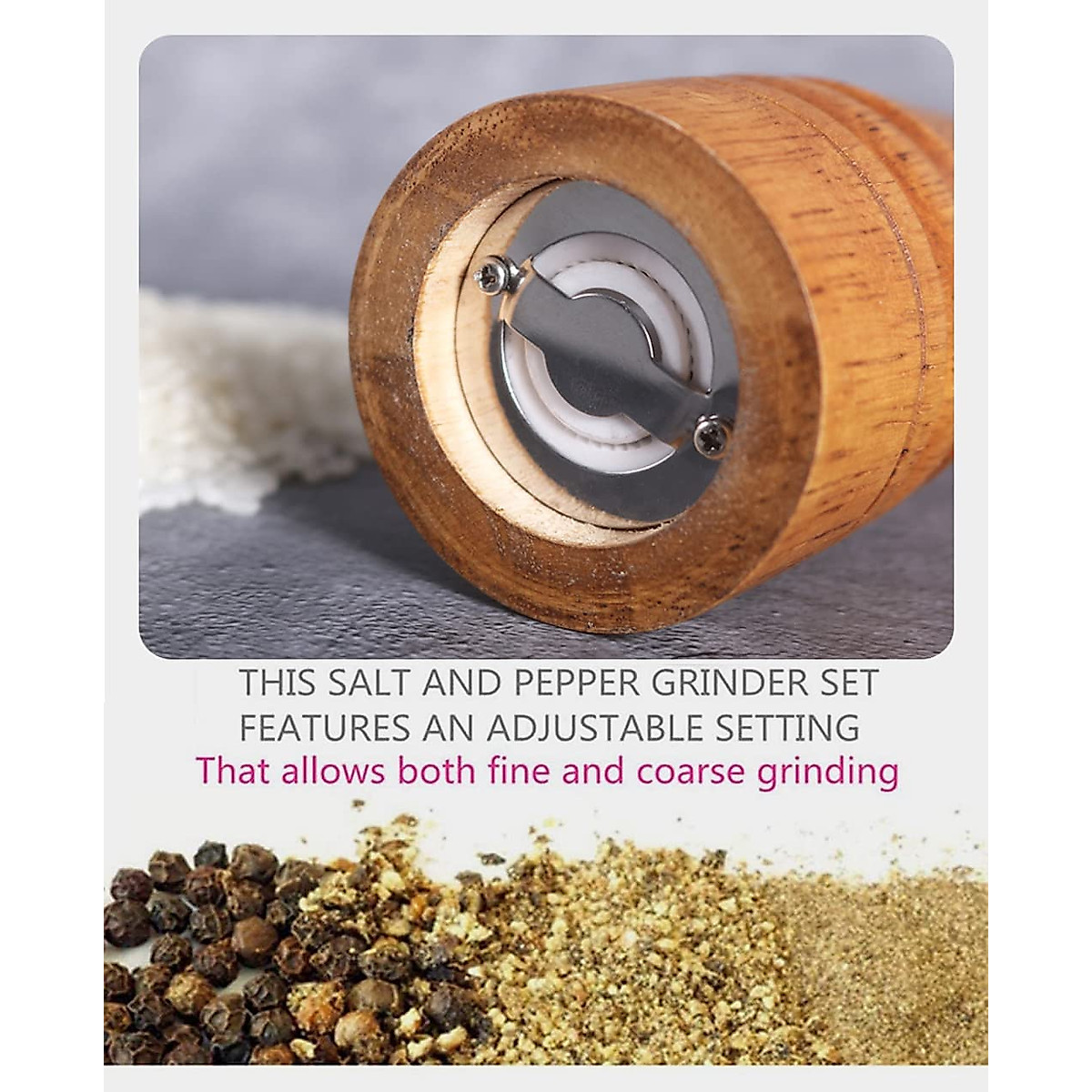 Solid wood oak grinder restaurant pepper manual grinding powder pepper ceramic adjustable coarse grinder (8inches) (8.66x2.16)