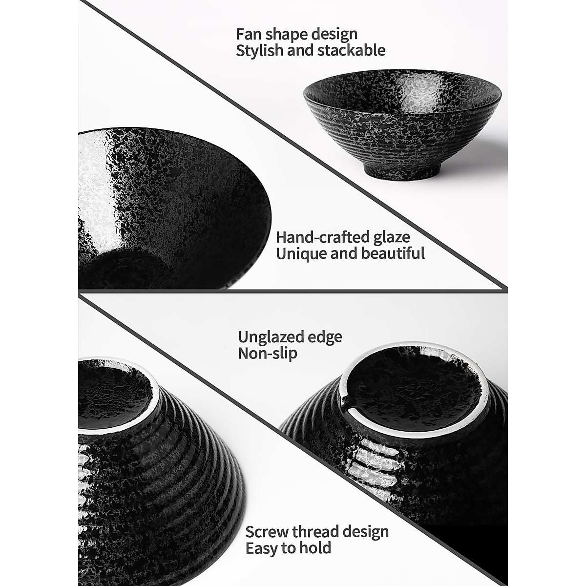 Kanwone Ceramic Japanese Ramen Bowl Set, Noodle Soup Bowls - 60 Ounce, with Matching Spoons and Chopsticks for Udon Soba Pho Asian Noodles, Set of 2, Black