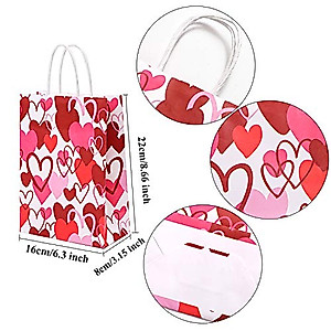 Cooraby 20 Pieces Valentines Day Paper Bags Valentine's Day Party Kraft Bags Paper Red and Pink Color Hearts Bags with Handle for Party Favors