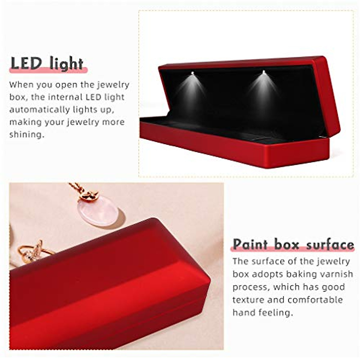 iSuperb LED Light Necklace Long Chain Box Bracelet Display Case Jewelry Gift Boxes Red Wine Pendant Boxes for Wedding Anniversary Christmas Engagement